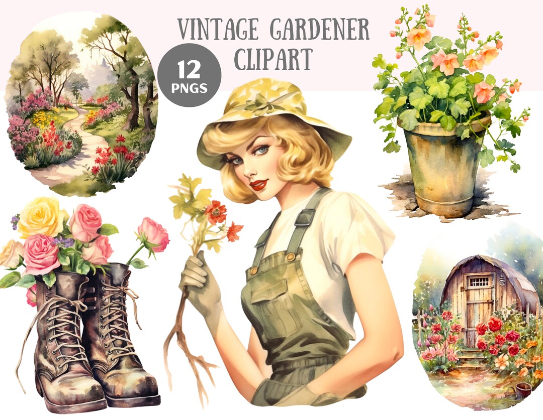 Watercolour Vintage Gardener Clipart Vintage Gardens PNG Digital Image ...