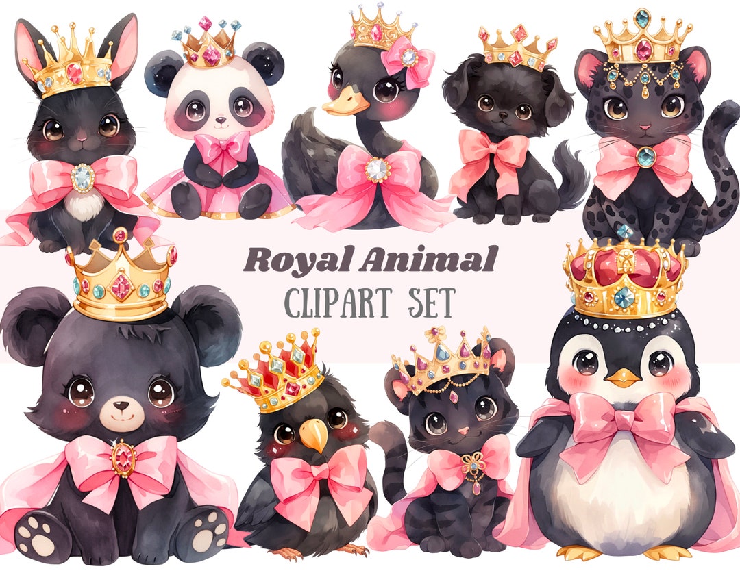 Watercolour Royal Animal Clipart Kawaii Black and Pink Princess Animal ...