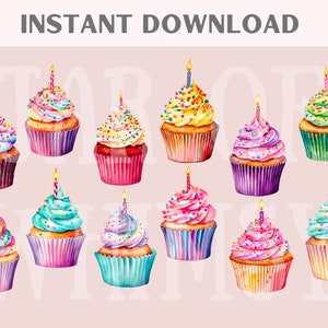 Watercolour Sprinkle Candle Cupcake Clipart Birthday Cake PNG Digital ...