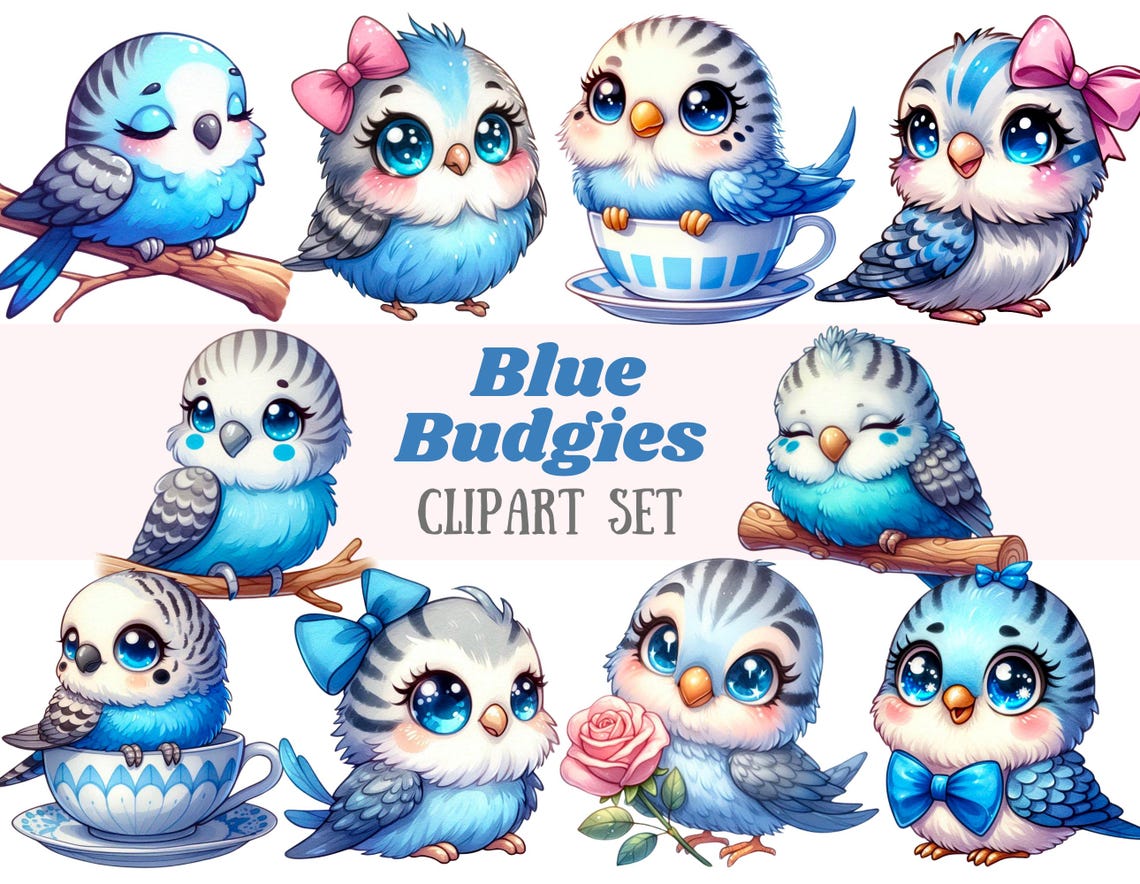 Watercolour Blue Budgie Clipart Chibi Pet Bird Blue Budgerigar PNG ...