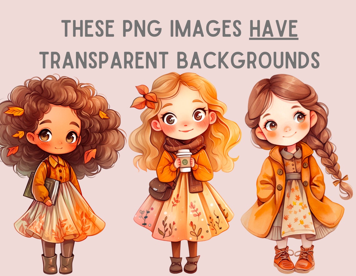 Watercolour Kawaii Autumn Girl Clipart Cute Chibi Fall Girl PNG Digital ...