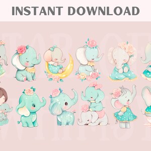 Watercolour Kawaii Elephant Clipart Baby Shower Elephant PNG Digital ...