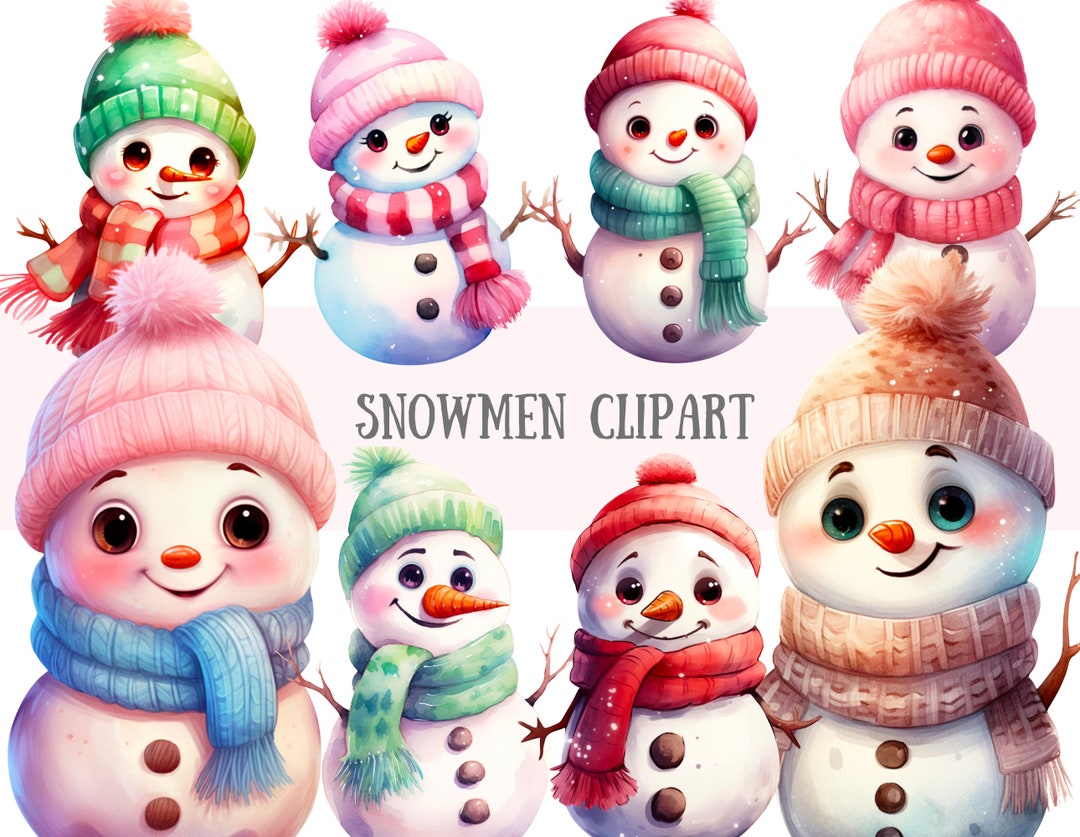 Watercolour Adorable Snowmen Clipart Cute Winter Christmas PNG Digital ...