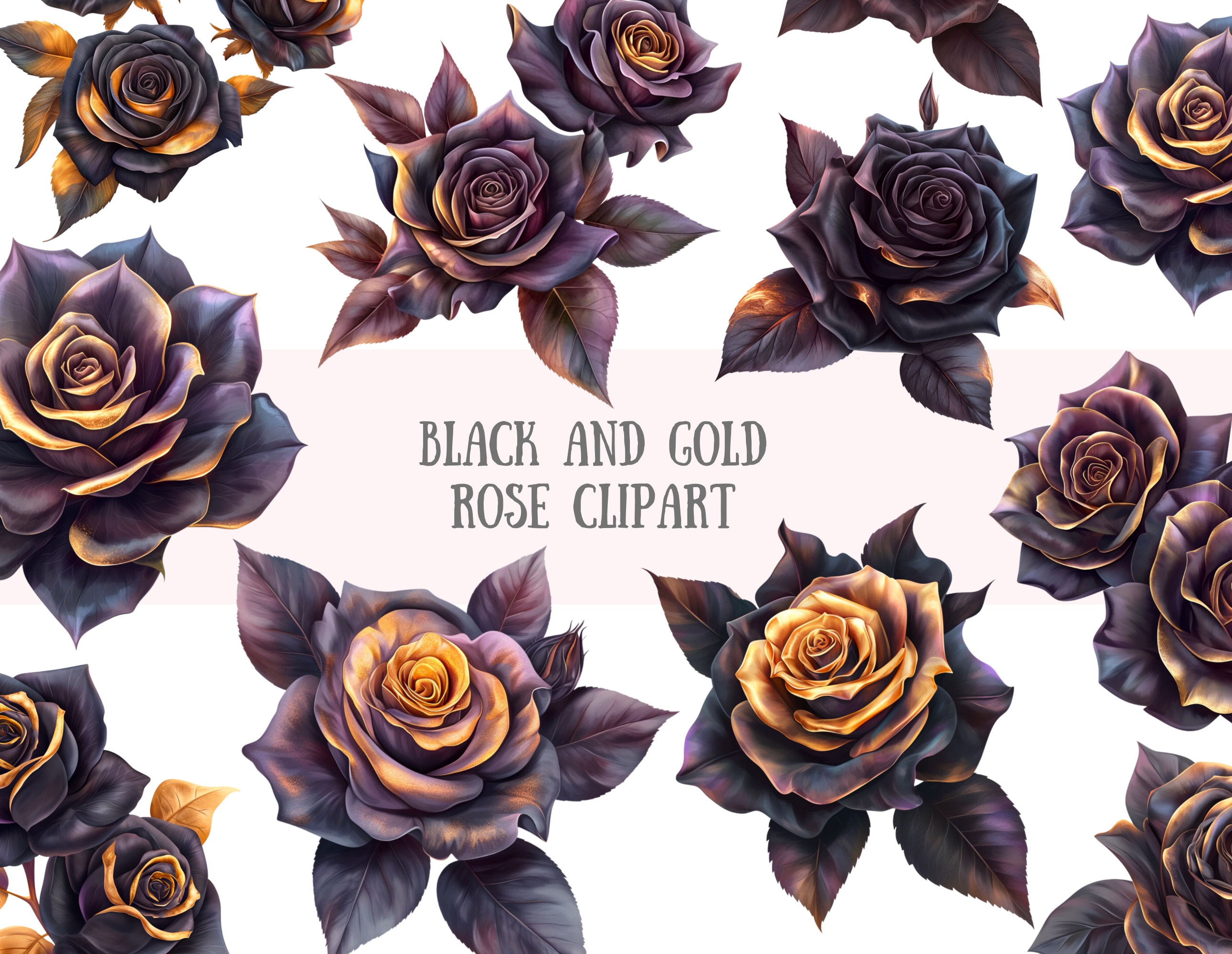 Watercolour Black and Gold Rose Clipart Flower Floral Bouquet PNG ...