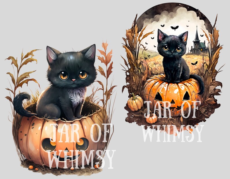 Watercolour Halloween Black Cat Clipart Jack O Lantern PNG Digital ...