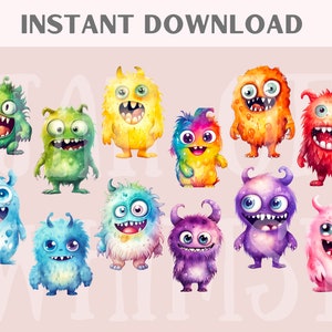 Watercolour Funny Monsters Clipart Kawaii Halloween PNG Digital Image ...