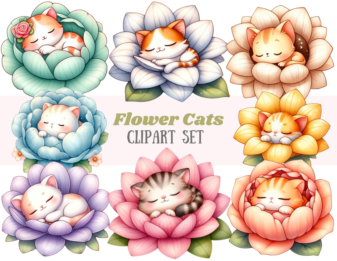 Watercolour Flower Cat Clipart Cute Sleeping Spring Cats PNG Digital ...