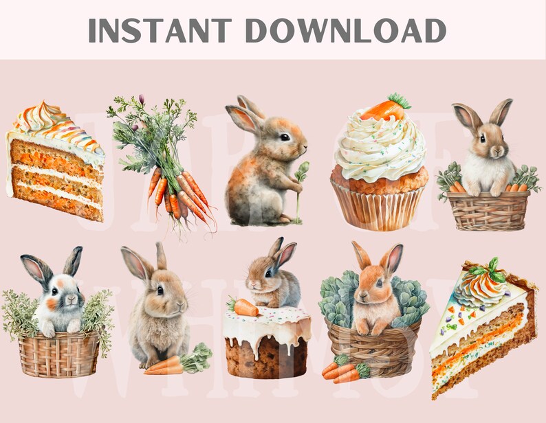 Watercolour Bunny and Carrot Clipart - Easter Basket PNG Digital Image ...