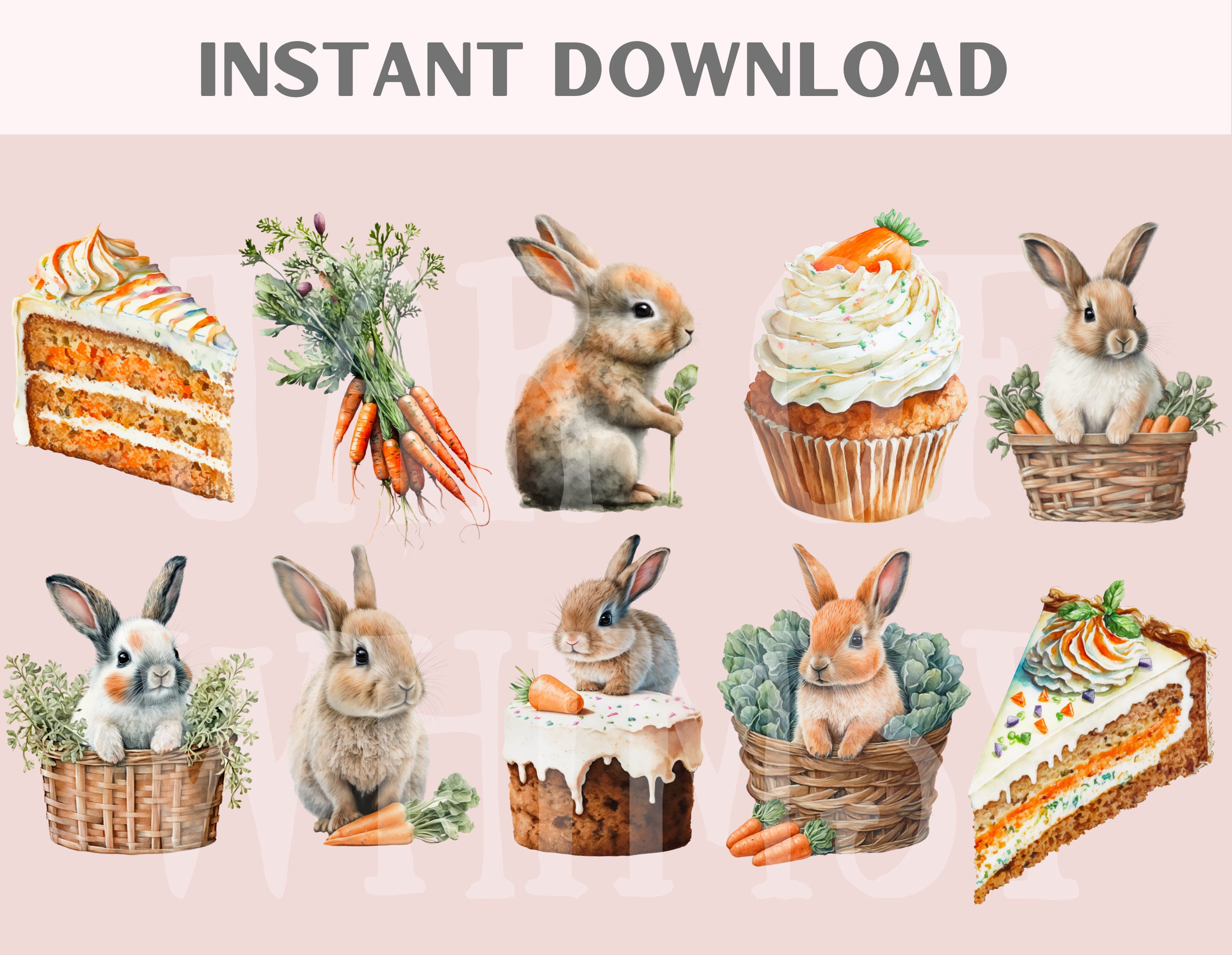 Watercolour Bunny and Carrot Clipart - Easter Basket PNG Digital Image ...