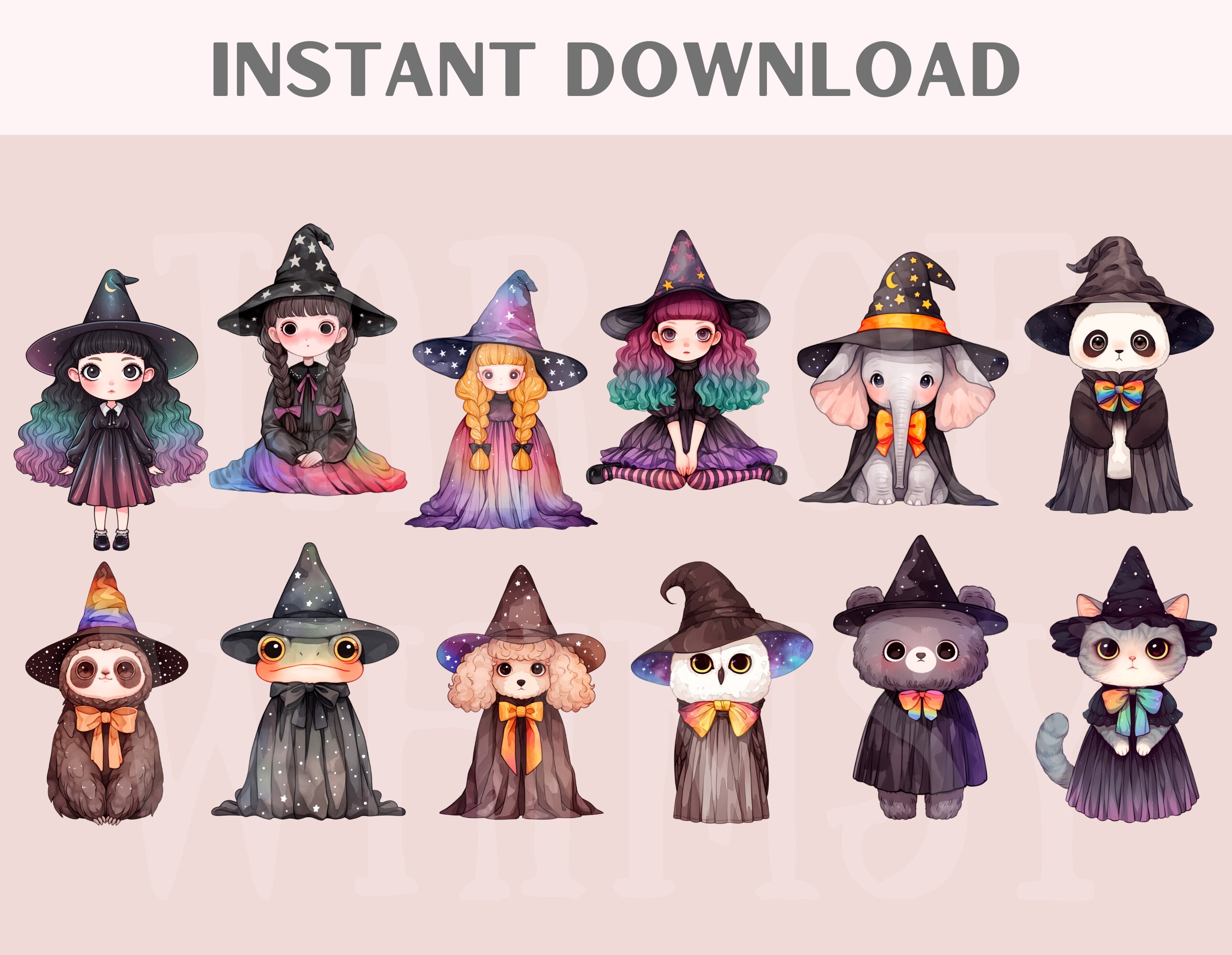 Watercolour Witch Clipart Cute Night Witch Girl and Animal PNG Digital ...