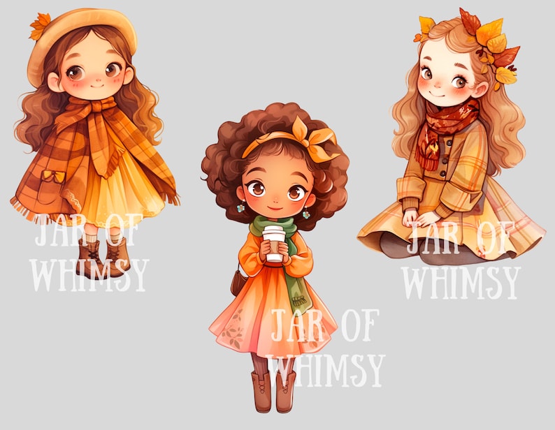 Watercolour Kawaii Autumn Girl Clipart Cute Chibi Fall Girl PNG Digital ...