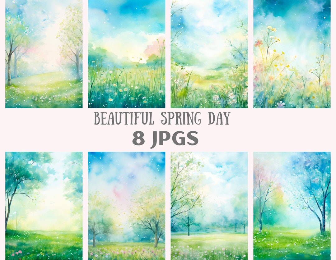 Watercolour Beautiful Spring Day Clipart Pastel Landscape JPG Digital ...