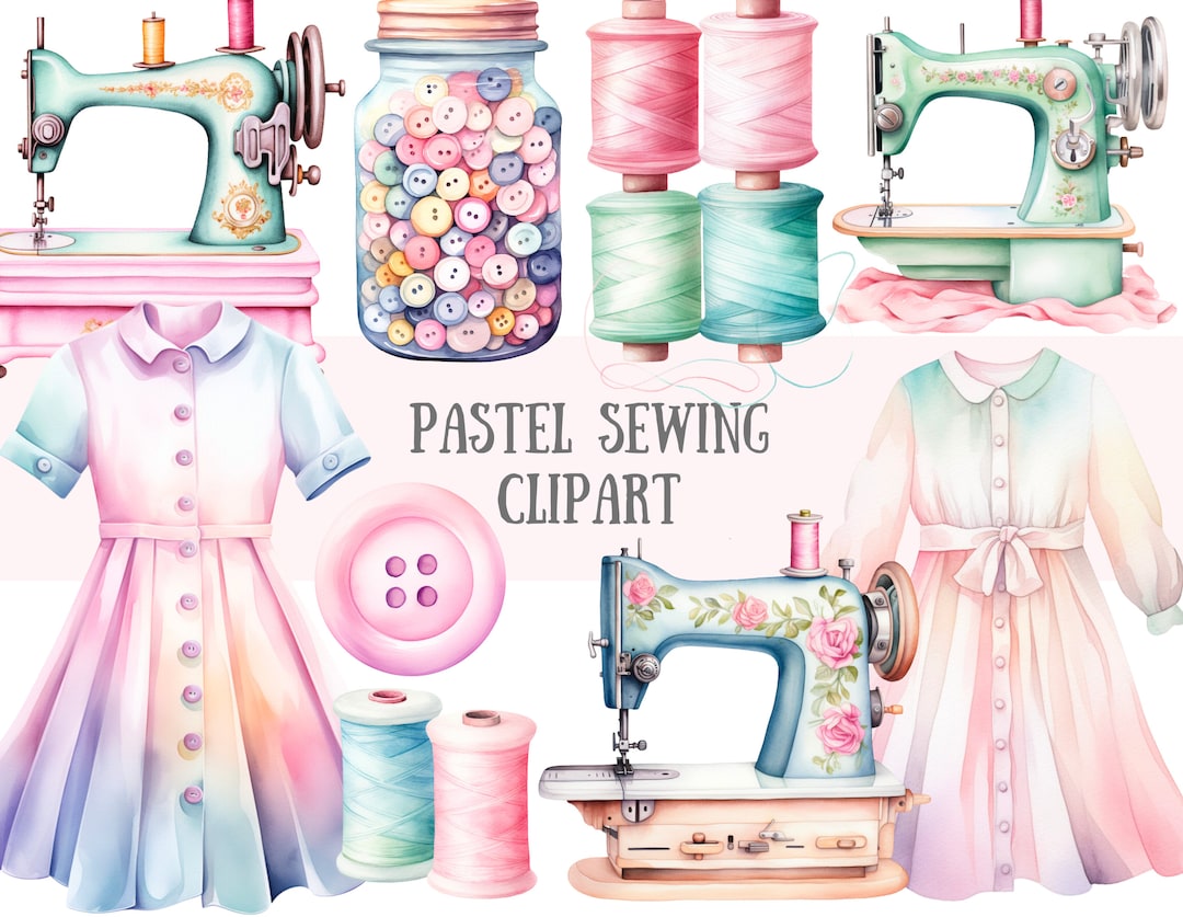 Watercolour Pastel Sewing Clipart Vintage Sewing Machine PNG Digital ...
