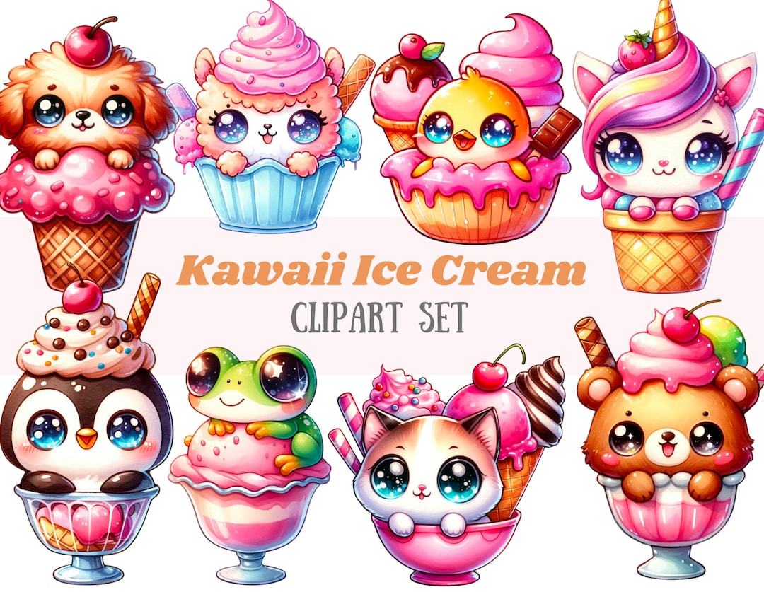 Watercolour Kawaii Ice Cream Animal Clipart Chibi Sundae PNG Digital ...