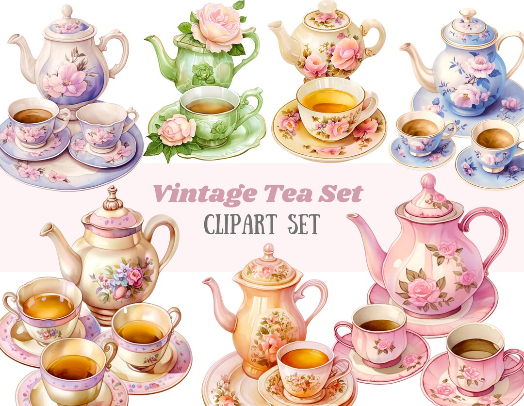 Watercolour Tea Set Clipart Vintage Teacup Teapot Tea Party PNG Digital ...