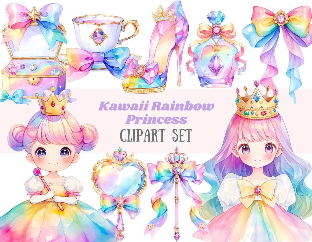 Watercolour Princess Clipart Kawaii Rainbow Princess PNG Digital Image ...