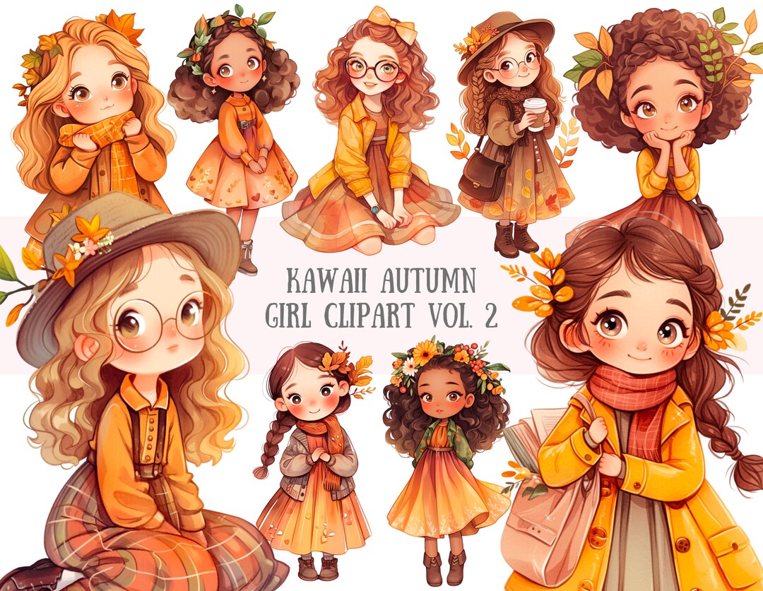 Watercolour Kawaii Autumn Girl Clipart Cute Chibi Fall Girl PNG Digital ...