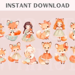 Watercolour Fox Clipart Kawaii Fox Woodland Mori Girl PNG Digital Image ...