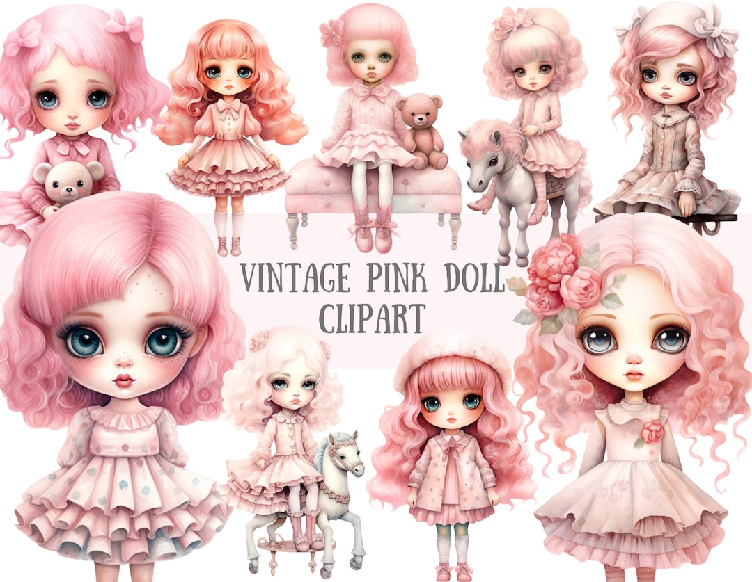 Watercolour Whimsical Pink Doll Clipart Big Eyed Doll PNG Digital Image ...