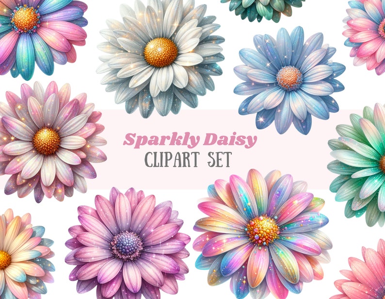 Watercolour Sparkly Daisies Clipart Spring Flower Elements PNG Digital ...