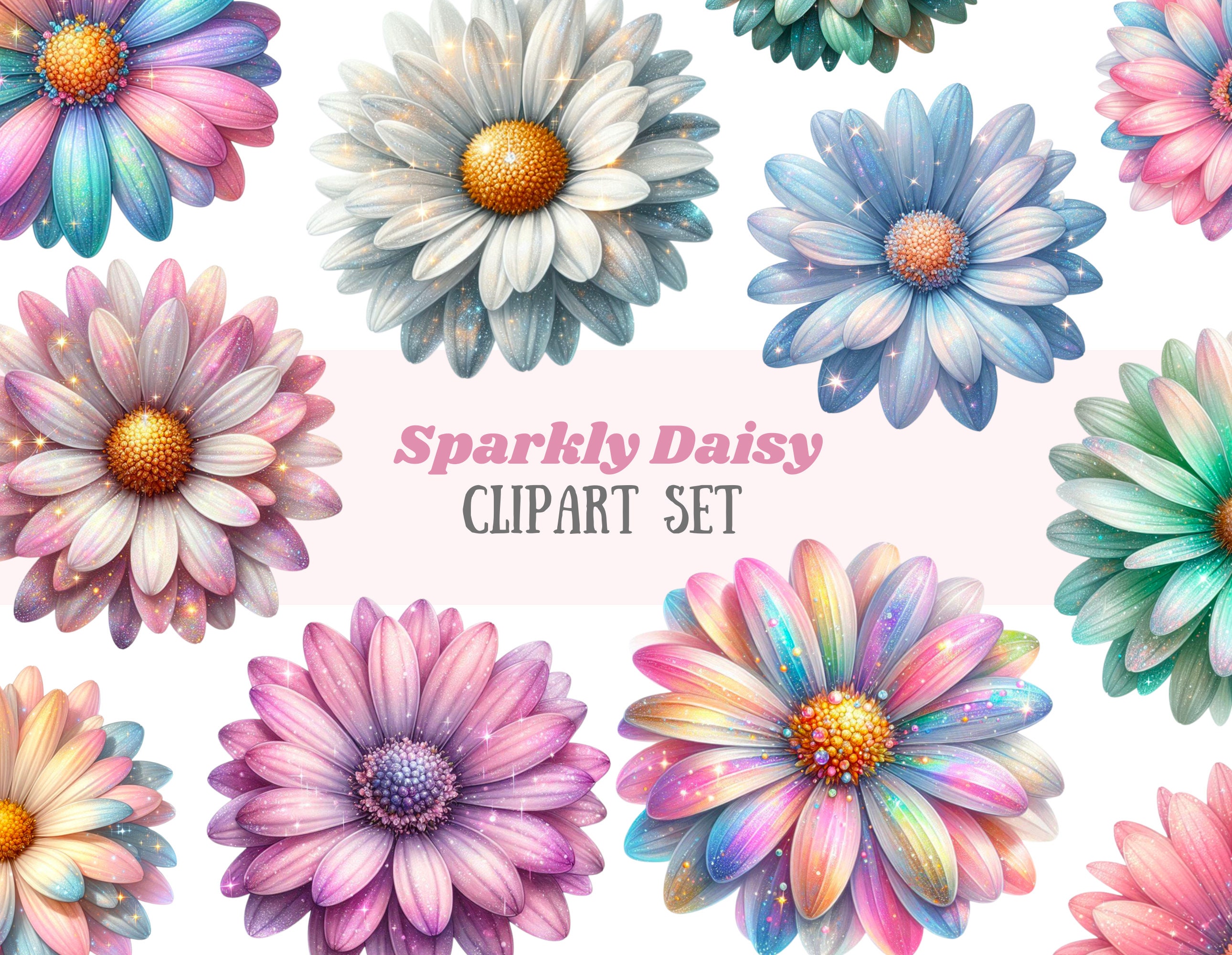 Watercolour Sparkly Daisies Clipart Spring Flower Elements PNG Digital ...