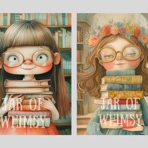 Watercolour Quirky Librarian Clipart Whimsical Book Lover JPG Digital ...