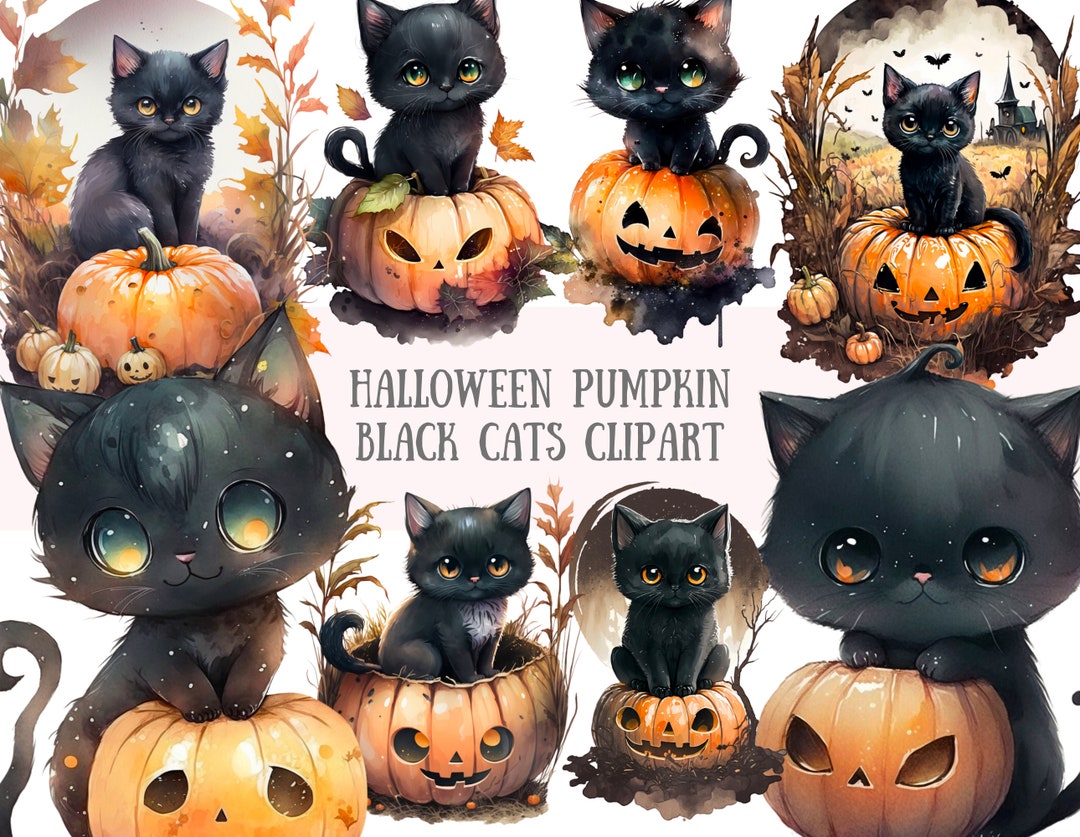 Watercolour Halloween Black Cat Clipart Jack O Lantern PNG Digital ...