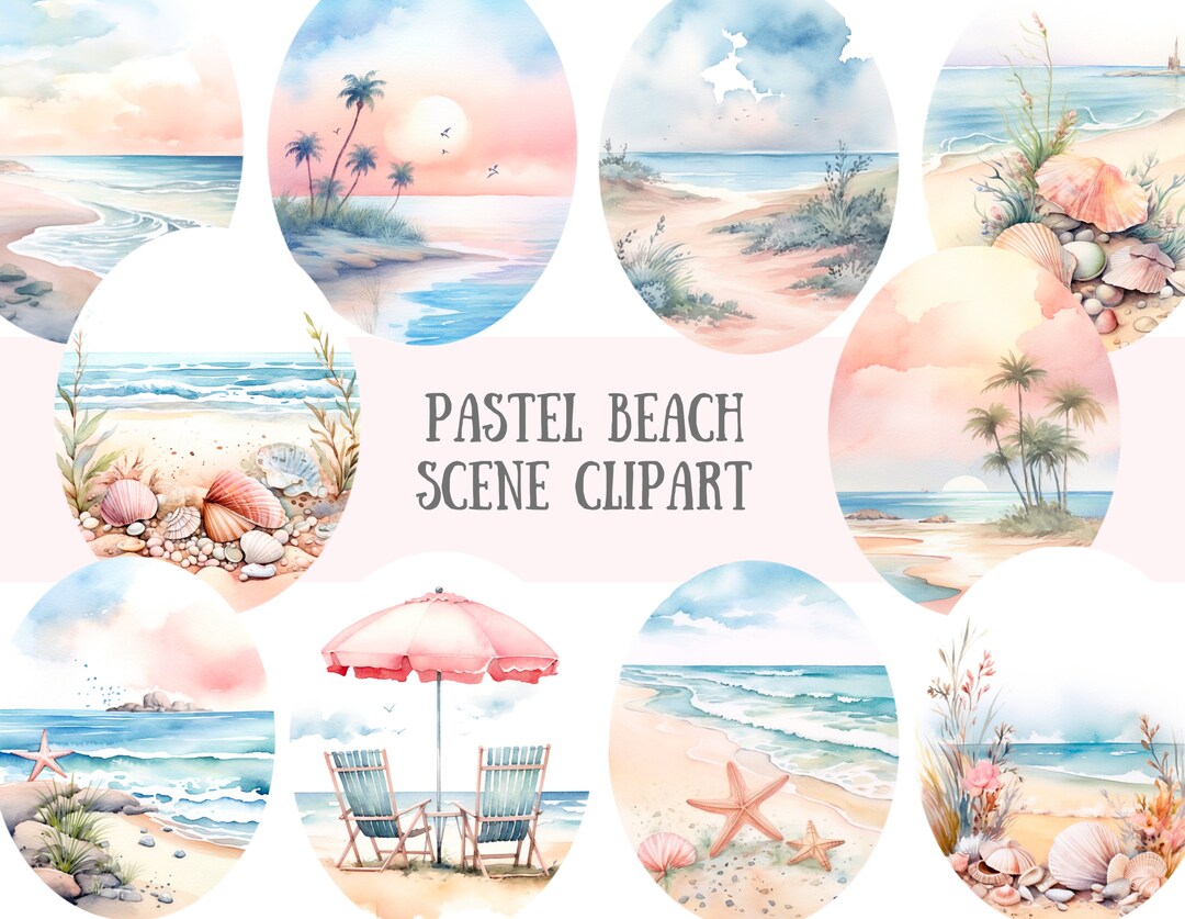 Watercolour Pastel Beach Scene Clipart Coastal Ocean Seaside PNG ...