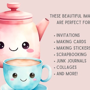 Watercolour Kawaii Tea Time Clipart Cute Teacup Teapot PNG Digital ...