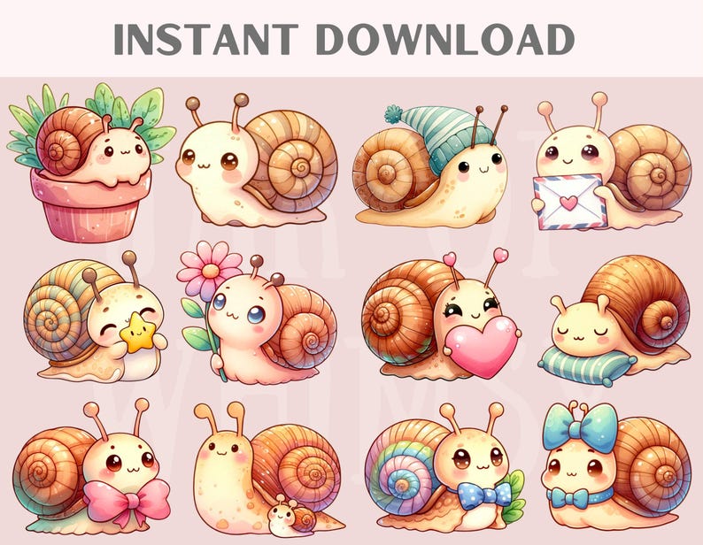 Watercolour Kawaii Snail Clipart Chibi Snail Mail PNG Digital Image ...