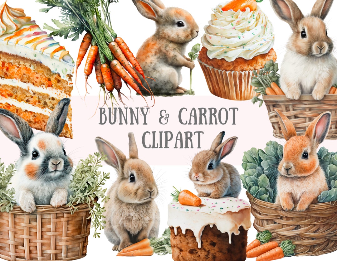 Watercolour Bunny and Carrot Clipart - Easter Basket PNG Digital Image ...