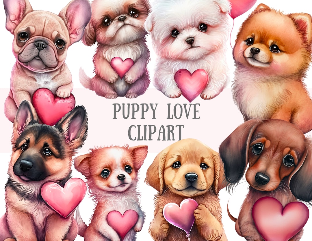 Watercolour Puppy Love Clipart - Valentines Day Dog Heart PNG Digital ...
