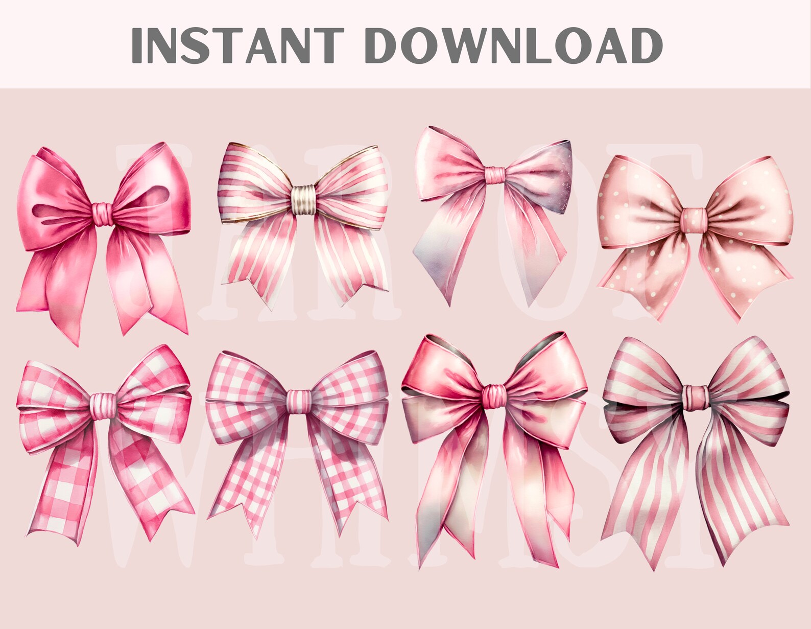 Watercolour Pink Bows Clipart Candy Pink Satin Bow PNG Digital Image ...