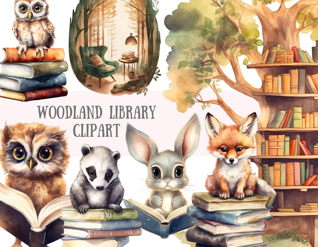 Watercolour Woodland Library Clipart Bookworm Animals PNG Digital Image ...