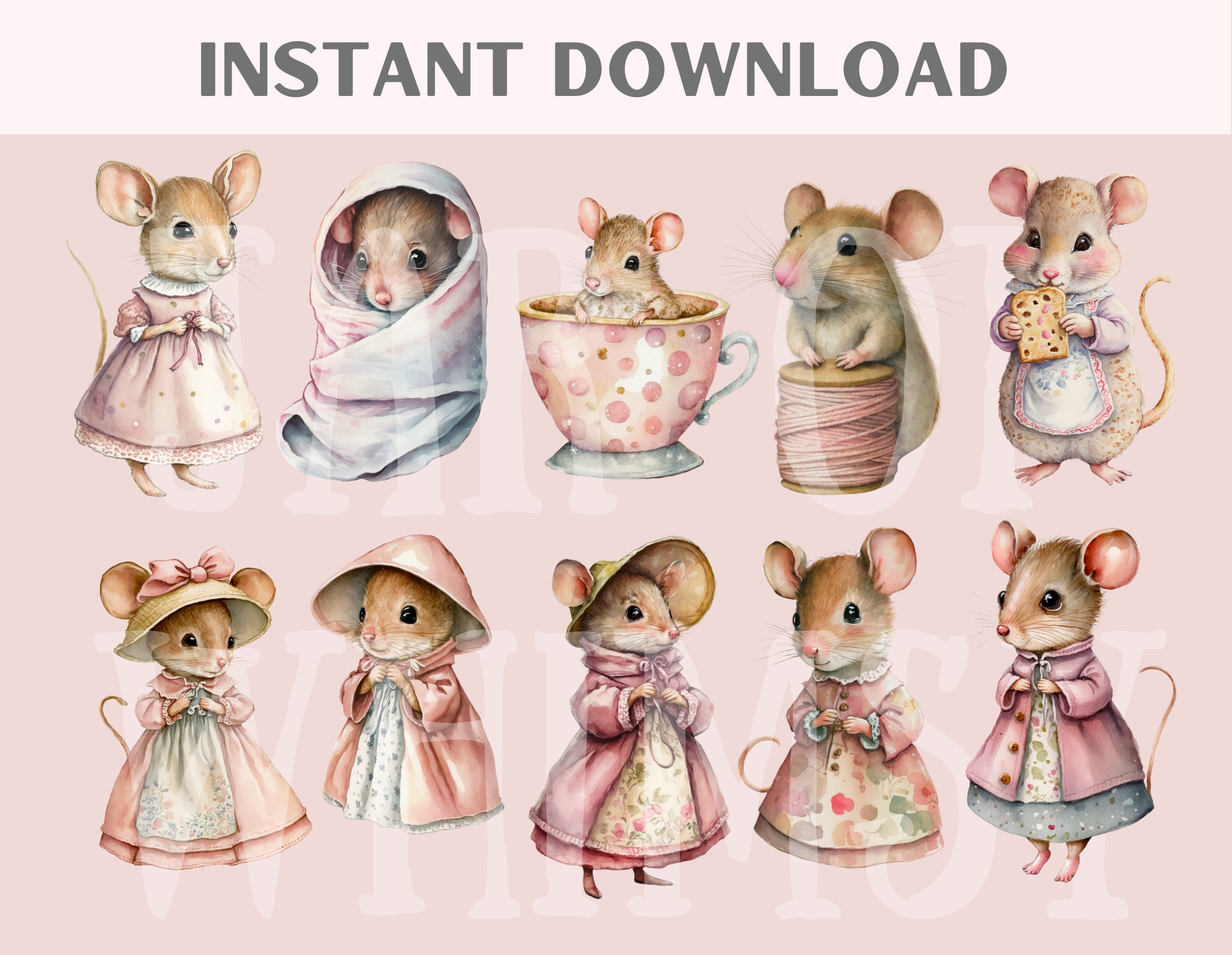 Watercolour Little Pink Mouse Clipart - Fairytale Mice PNG Digital ...