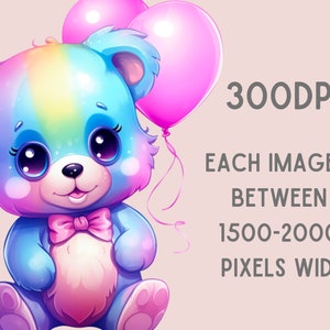 Watercolour Bright Rainbow Bears Clipart Kawaii Teddy Bear PNG Digital ...