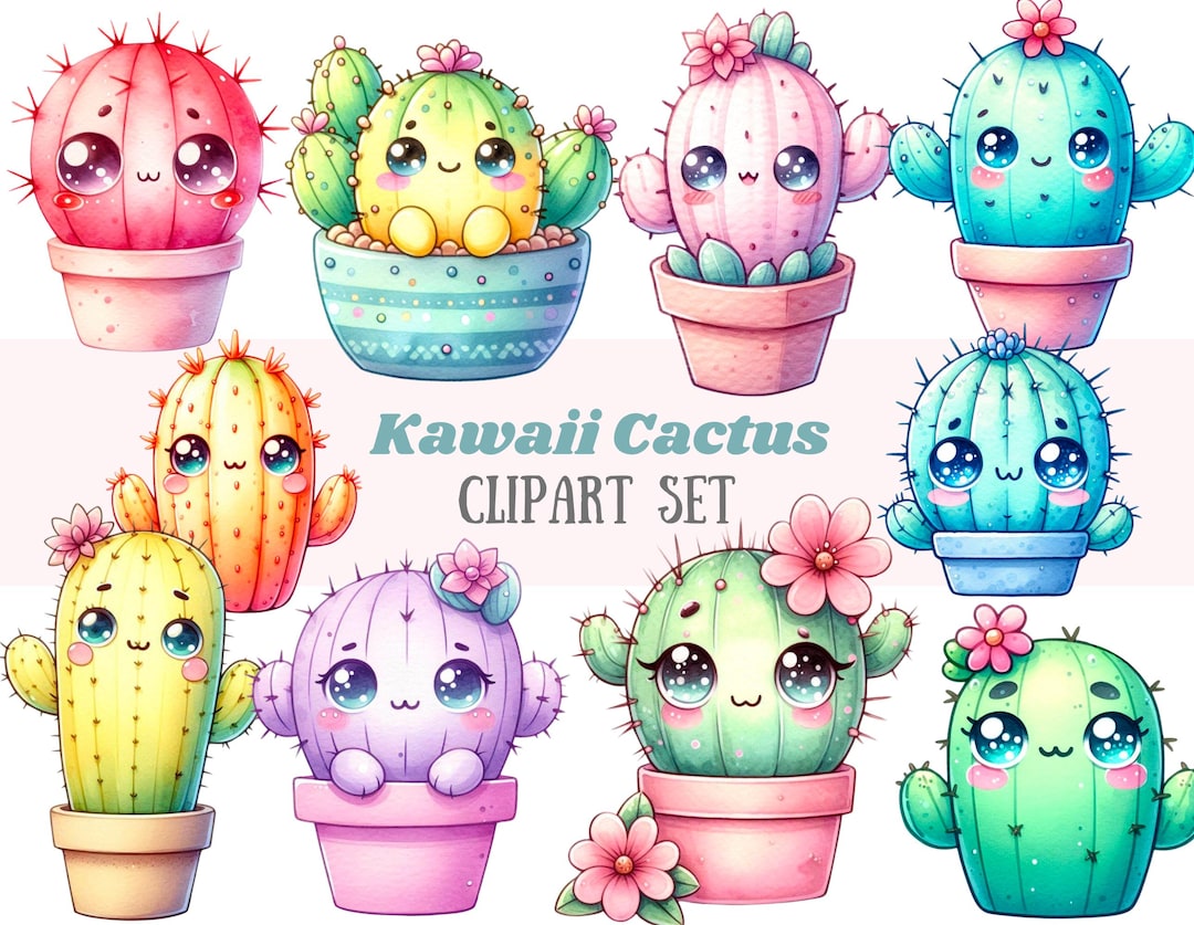 Watercolour Kawaii Cactus Clipart Cute Cactus Pot Plant PNG Digital ...