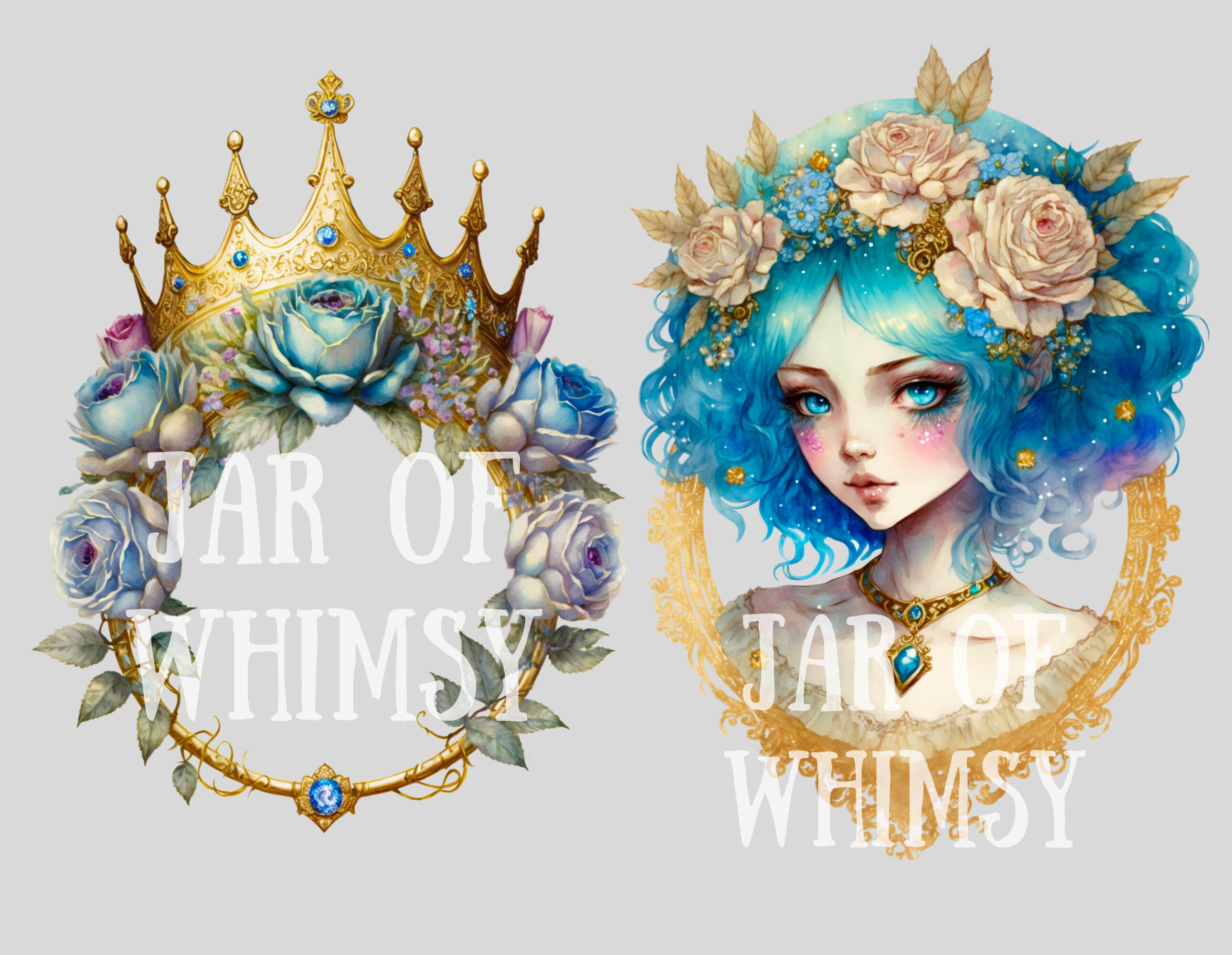 Watercolour Blue Princess Clipart - Fairytale Fantasy PNG Digital Image ...