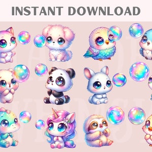 Watercolour Cute Bubble Clipart Irridescent Bubble Animals PNG Digital ...