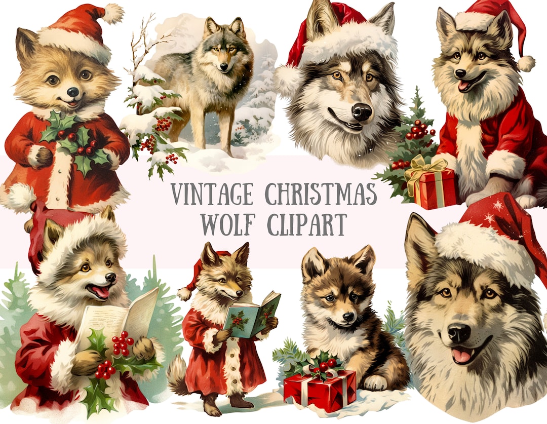 Watercolour Vintage Christmas Wolf Clipart Wolves PNG Digital Image ...