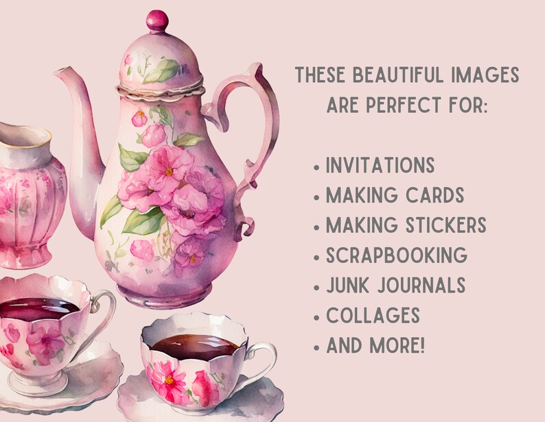 Watercolour Pink Tea Sets Clipart Teacups Tea Party PNG - Etsy