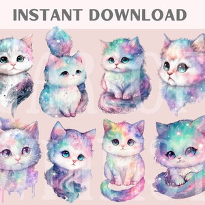 Watercolour Pastel Galaxy Cats Clipart Kawaii Cat PNG Digital Image ...