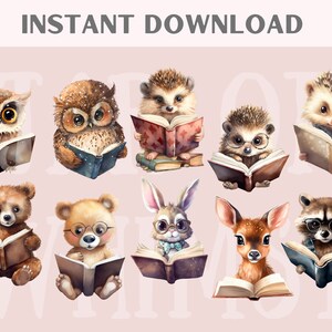 Watercolour Woodland Bookworm Clipart Animals Reading PNG Digital Image ...