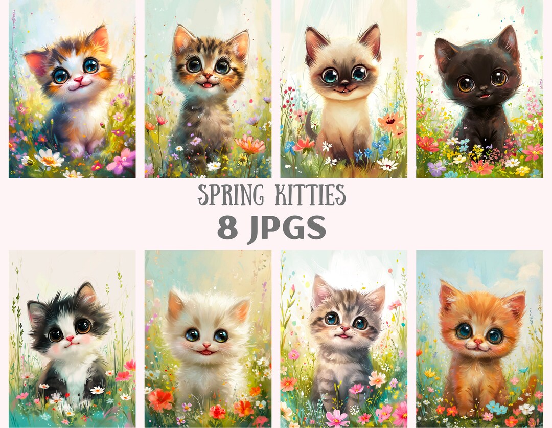 Watercolour Spring Kitties Clipart Cute Cat in Flower Patch JPG Digital ...