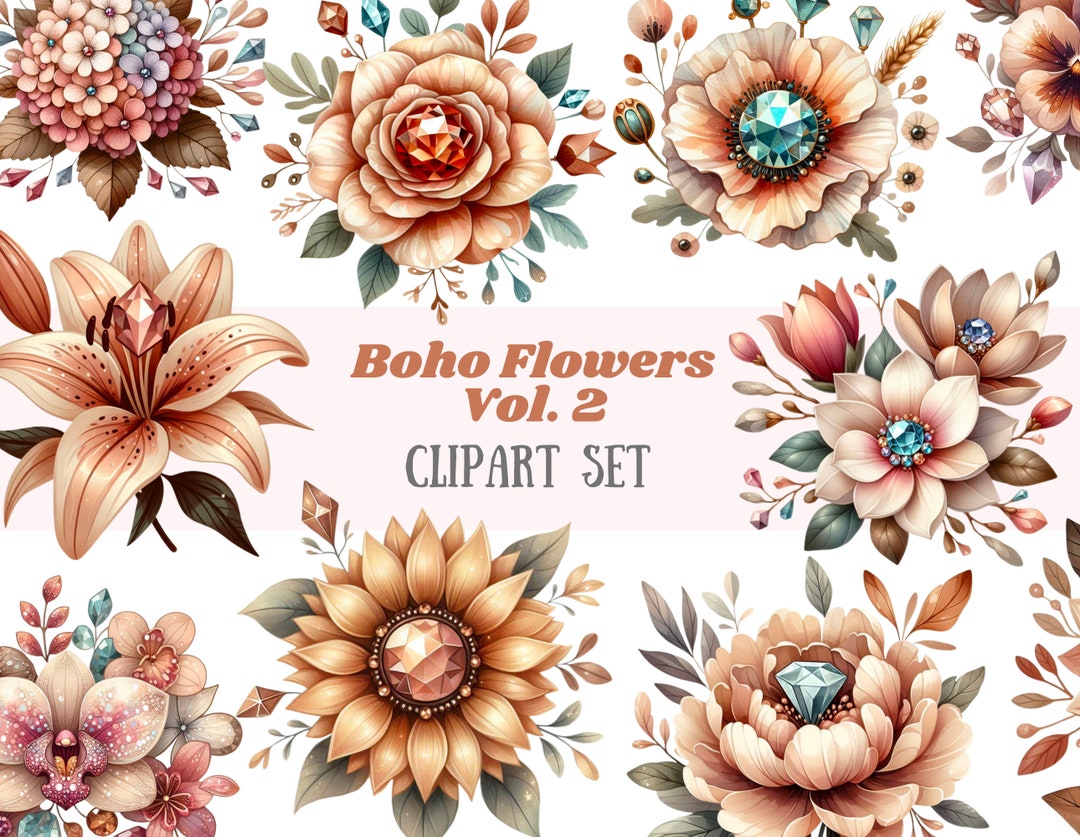Watercolour Boho Flowers Clipart Autumn Flower Elements PNG Digital ...