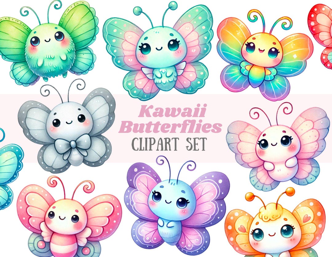 Watercolour Kawaii Butterfly Clipart Colourful Cute Chibi PNG Digital ...