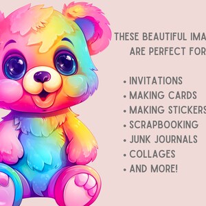 Watercolour Bright Rainbow Bears Clipart Kawaii Teddy Bear PNG Digital ...