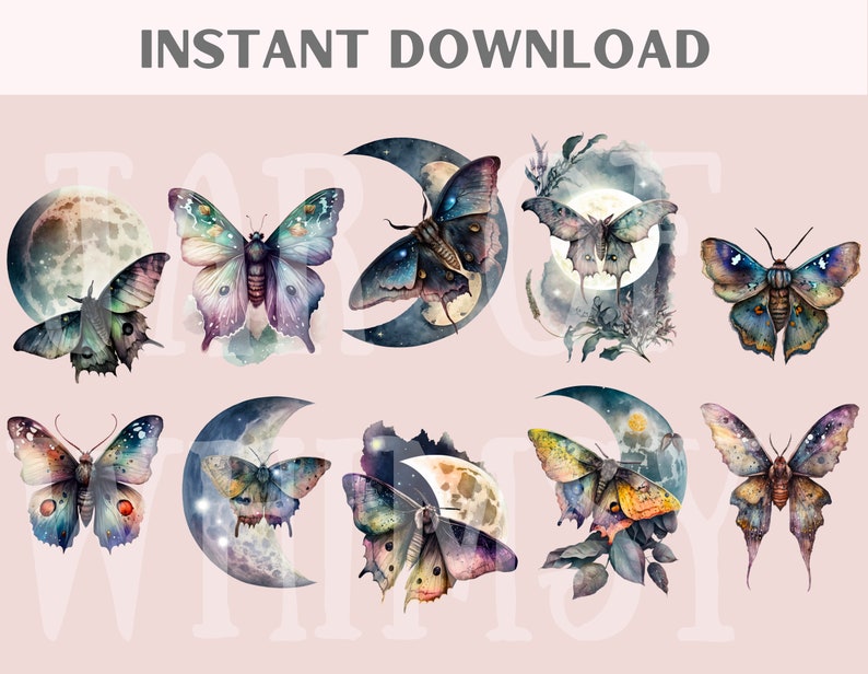 Watercolour Lunar Moths Clipart - Mystical Fantasy PNG Digital Image ...