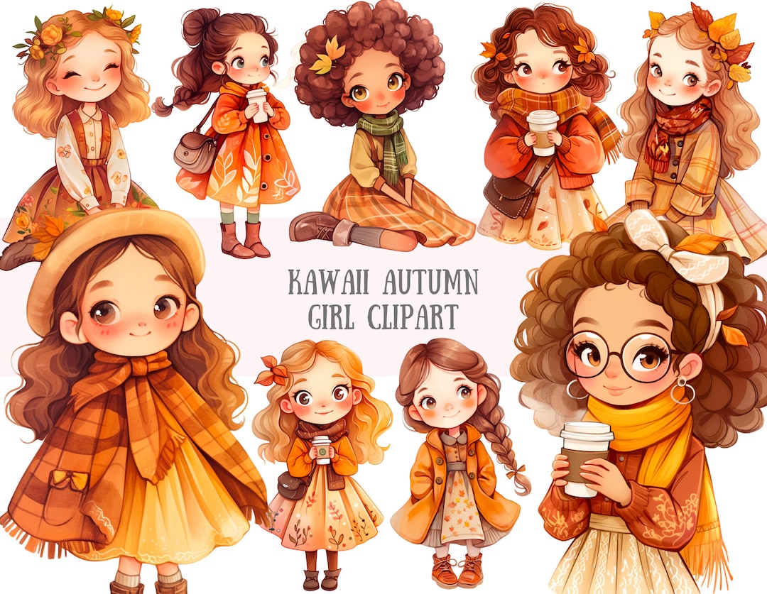 Watercolour Kawaii Autumn Girl Clipart Cute Chibi Fall Girl PNG Digital ...