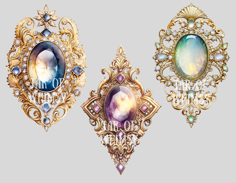 Watercolour Gold Jewel Brooch Clipart Gemstone Jewelry PNG - Etsy